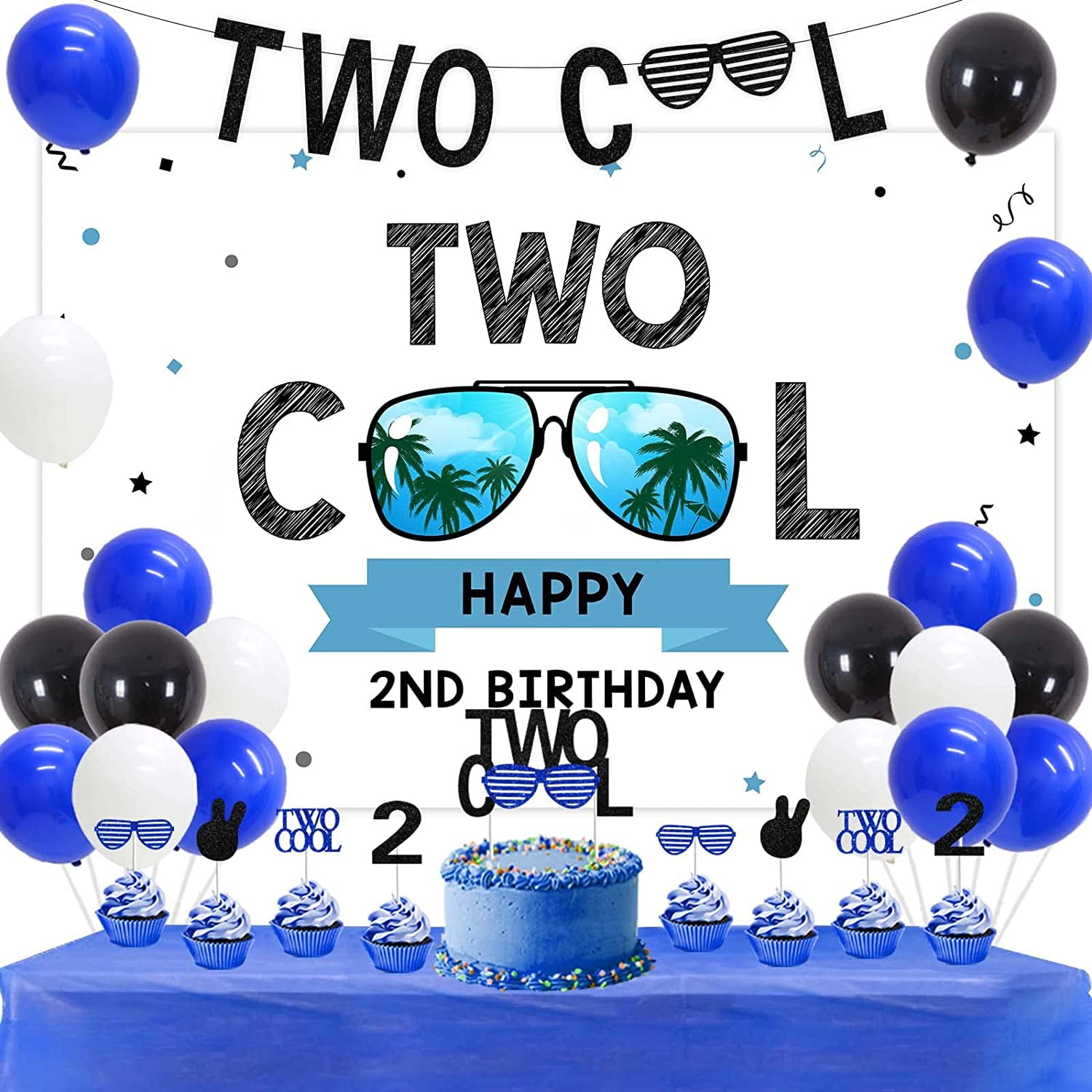 Two Cool 2nd Birthday Decorations, Two Cool Backdrop Banner Cake Topper ...