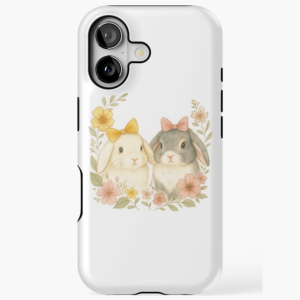 Two Cute Bunnies Surrounded By Flowers iPhone Case 17 16 15 14 13 12 11 ...