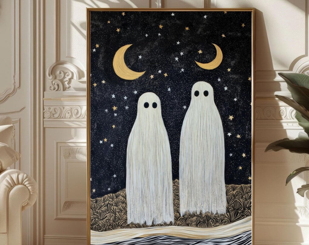 Two Cute Ghosts In Flower Woods Print, Romantic Dark Academia, Moody ...