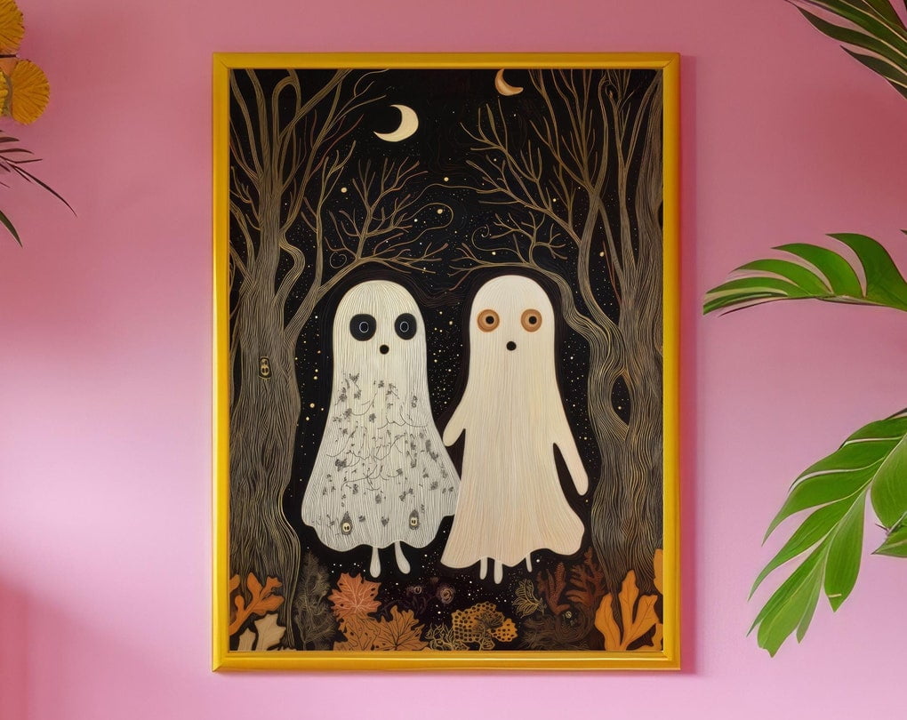 Two Cute Ghosts In Flower Woods Print, Romantic Dark Academia, Moody ...