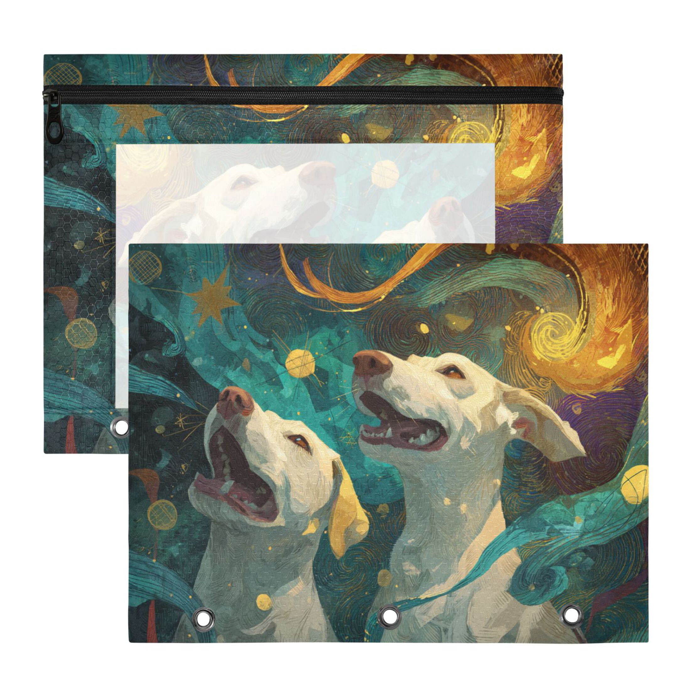 Two Dogs Fantastic Background 3-Ring Binder Pocket with Zipper Pencil ...