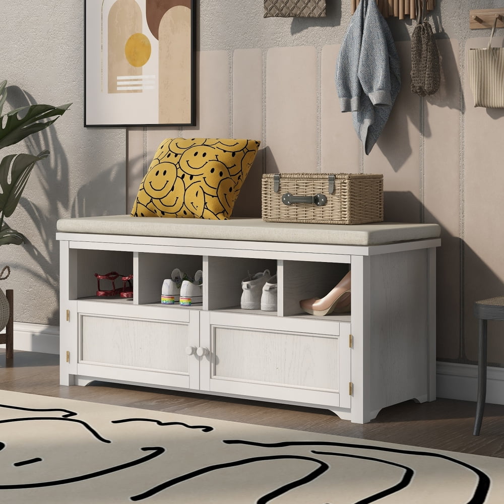 Storage Bench,Rustic 2-Door Storage Bench with 4 Open Compartments ...