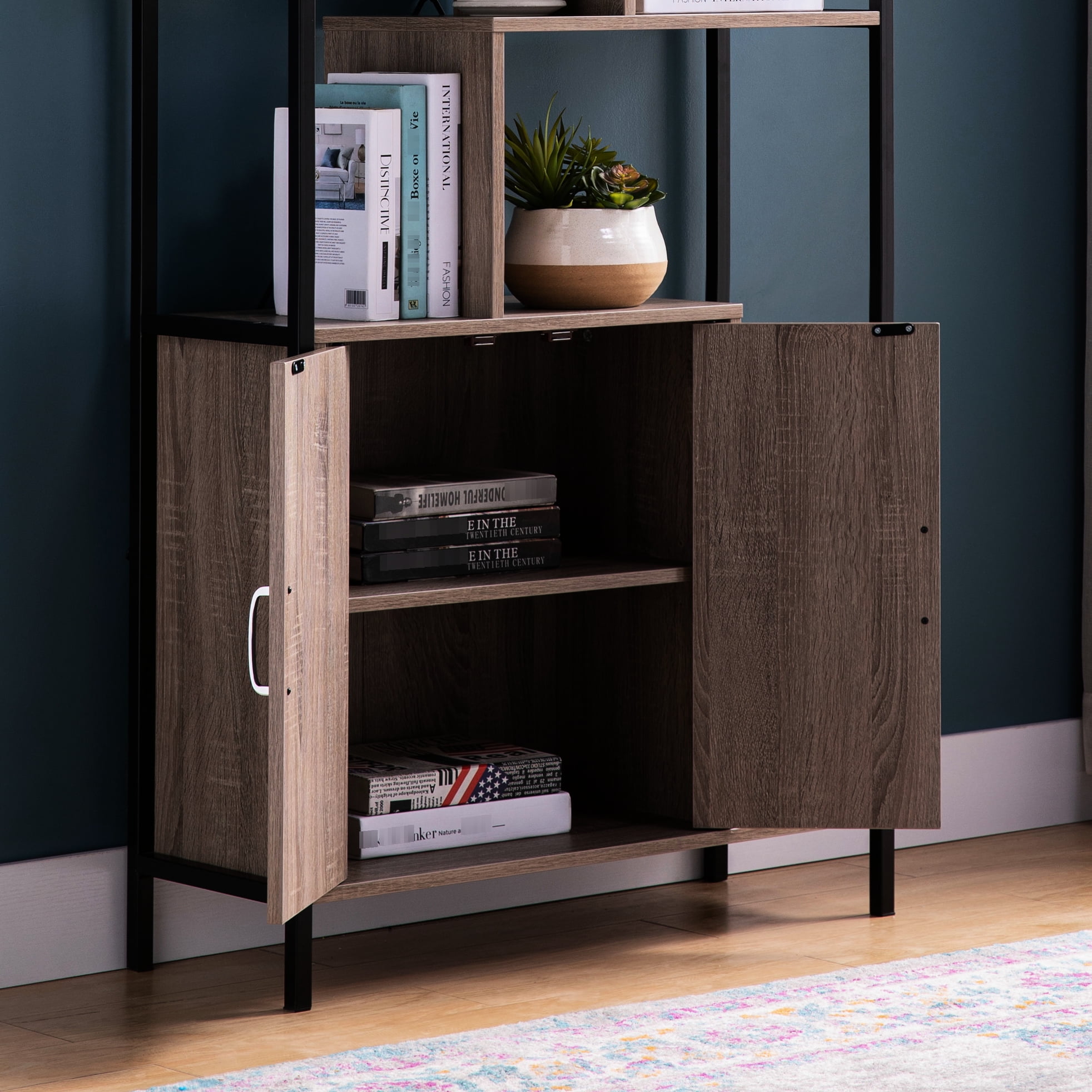 Two Door Storage Cabinet With Six Shelf Bookcase - Brown Black Metal ...