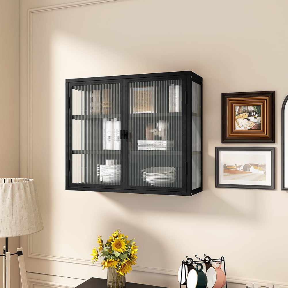 Two-Door Wall Cabinet,Wall Mounted Cabinet with 2 Glass Doors and Metal ...