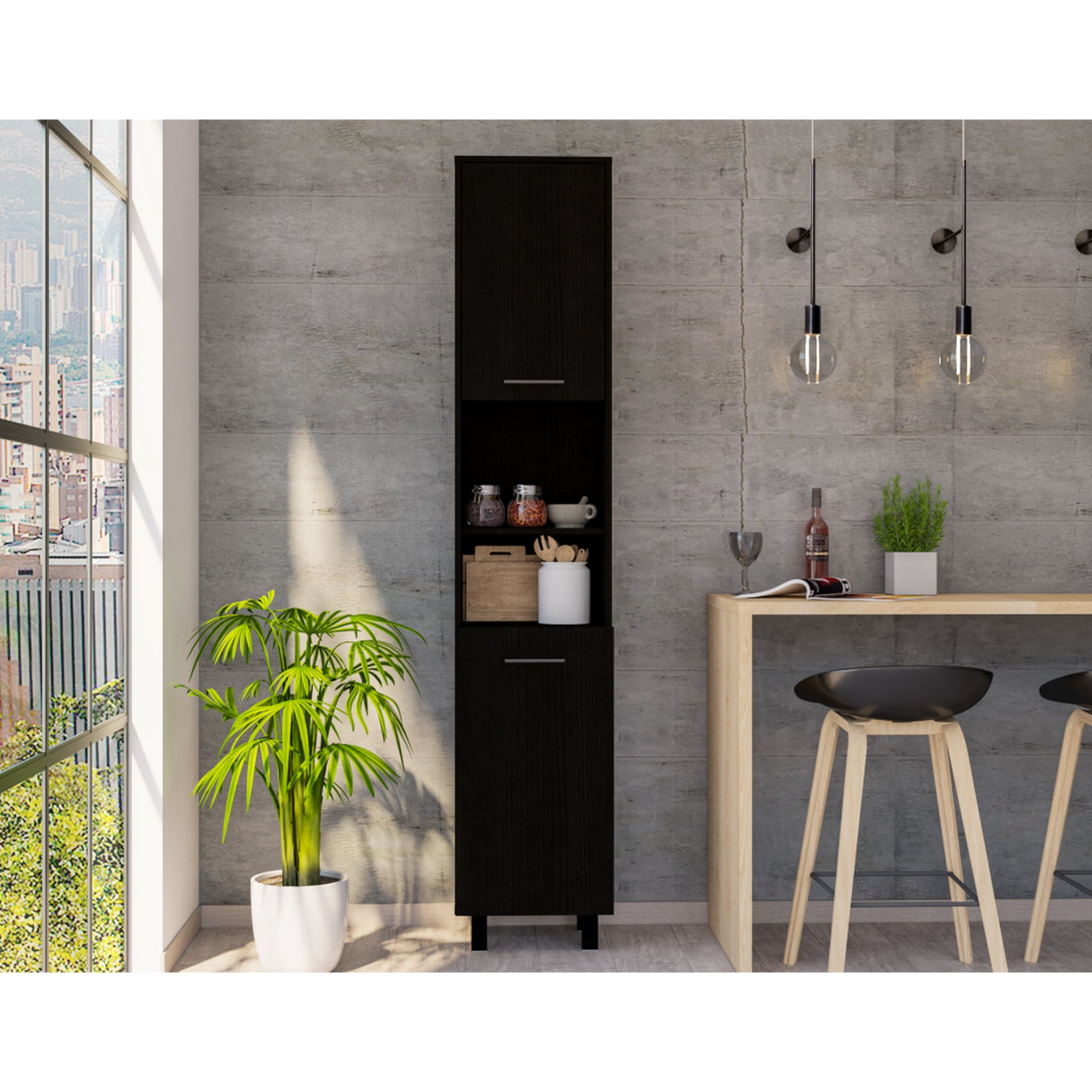 Two Doors Kitchen Pantry 79" H In Black With Open Shelves For ...