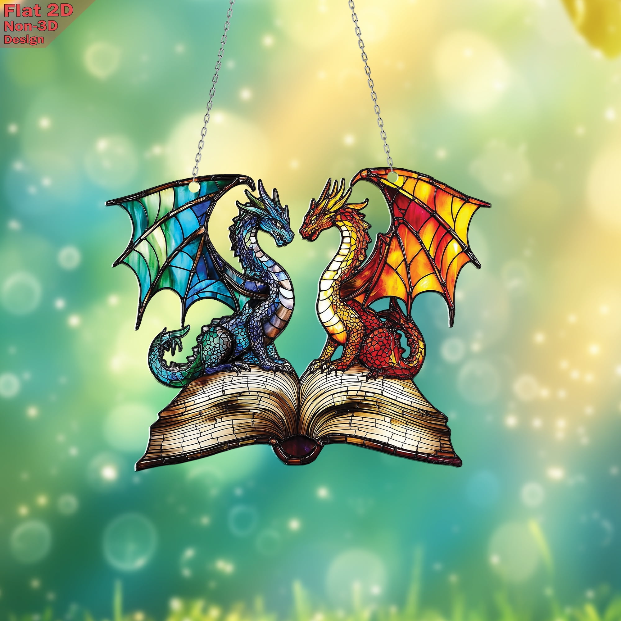 Two Dragons & Open Book Acrylic Window Hanging – 2D Stained Glass Style ...