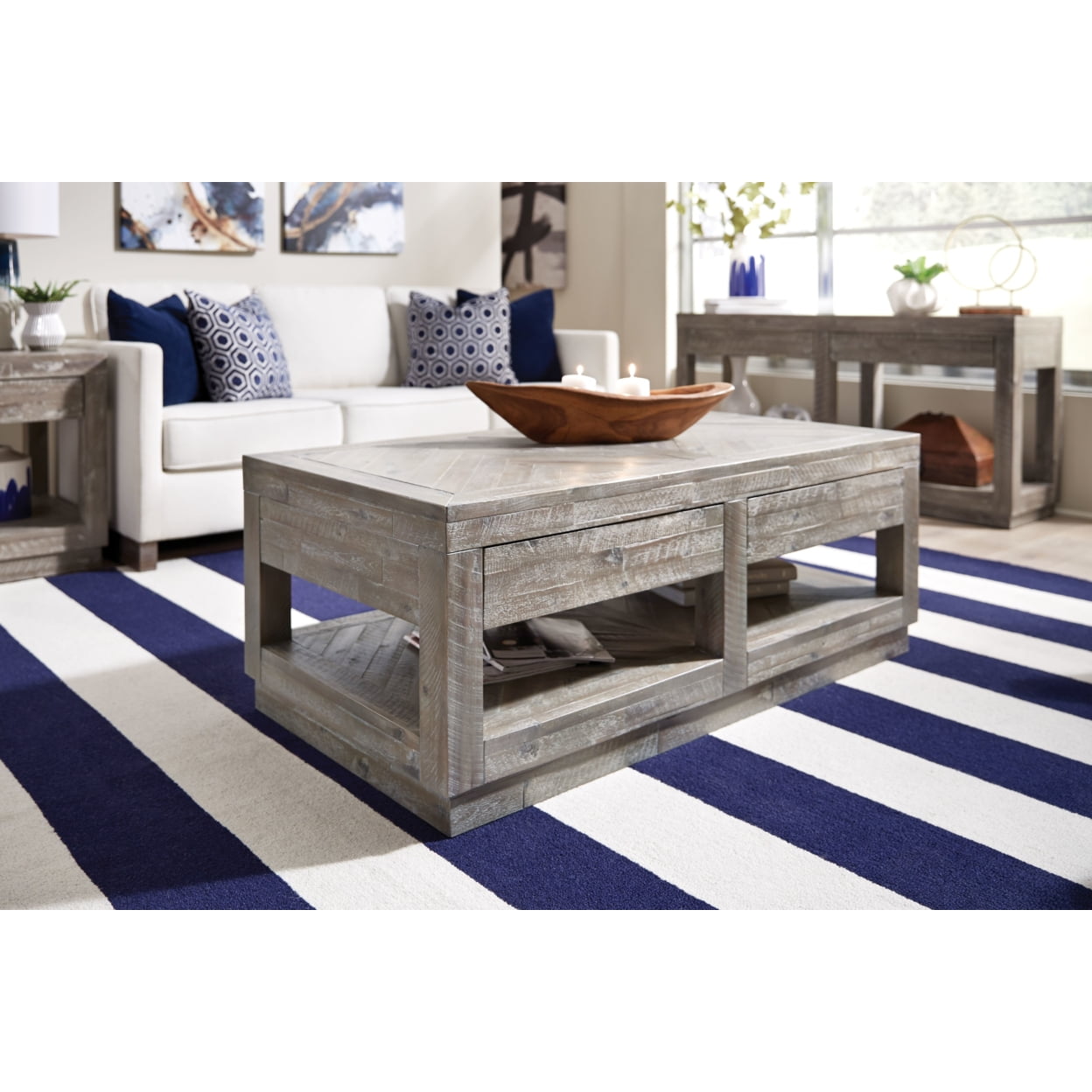 Two Drawer and Bottom Shelf Coffee Table with Flattened Base, Rustic ...