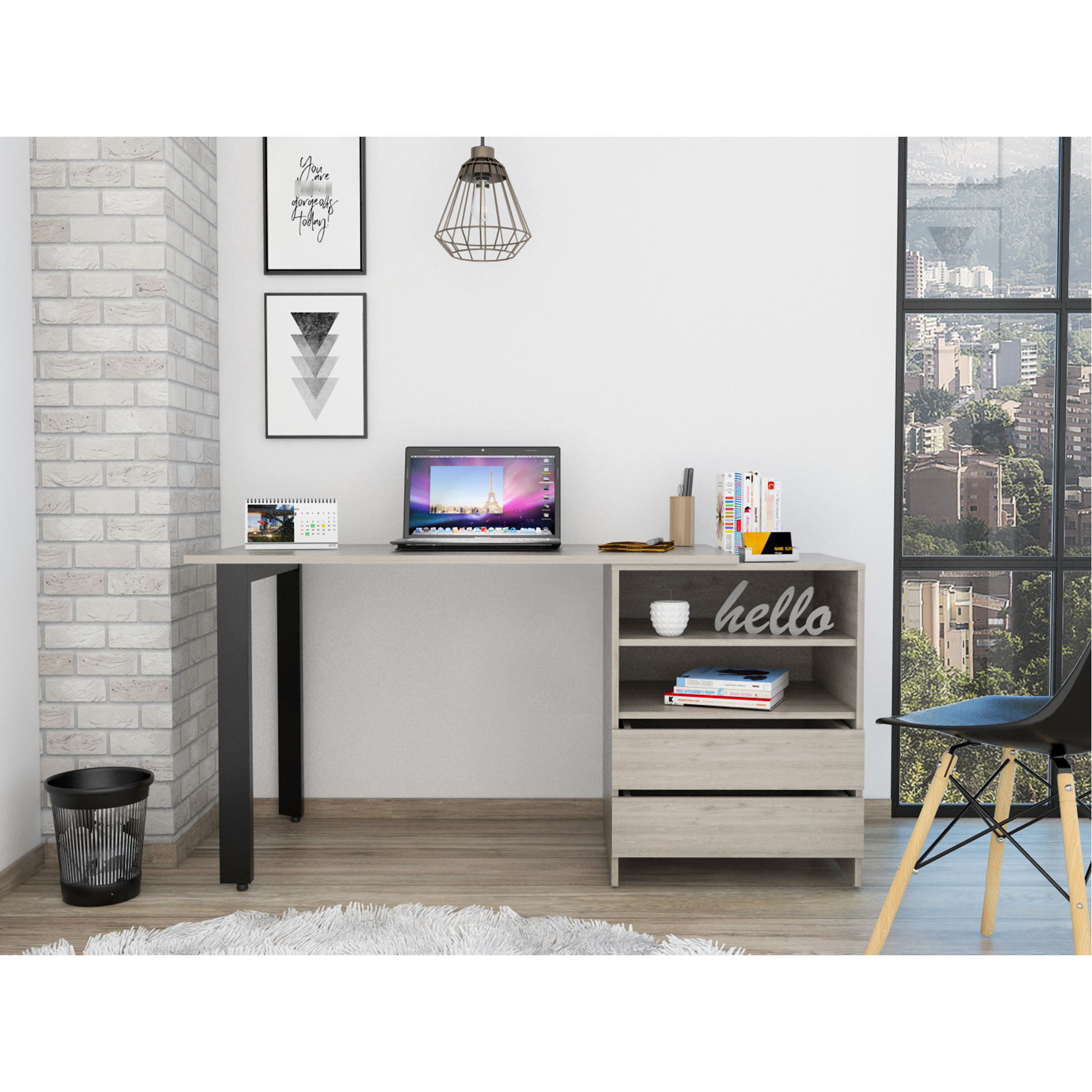 Two Drawers And Shelves Office Desk In Gray With Stable Base Legs ...
