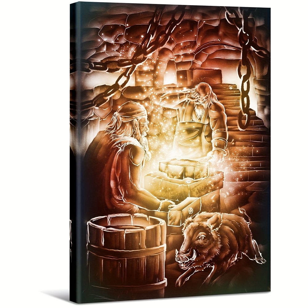 Two Dwarves And A Dragon Guarding Treasure In A Cave. Large Wooden ...