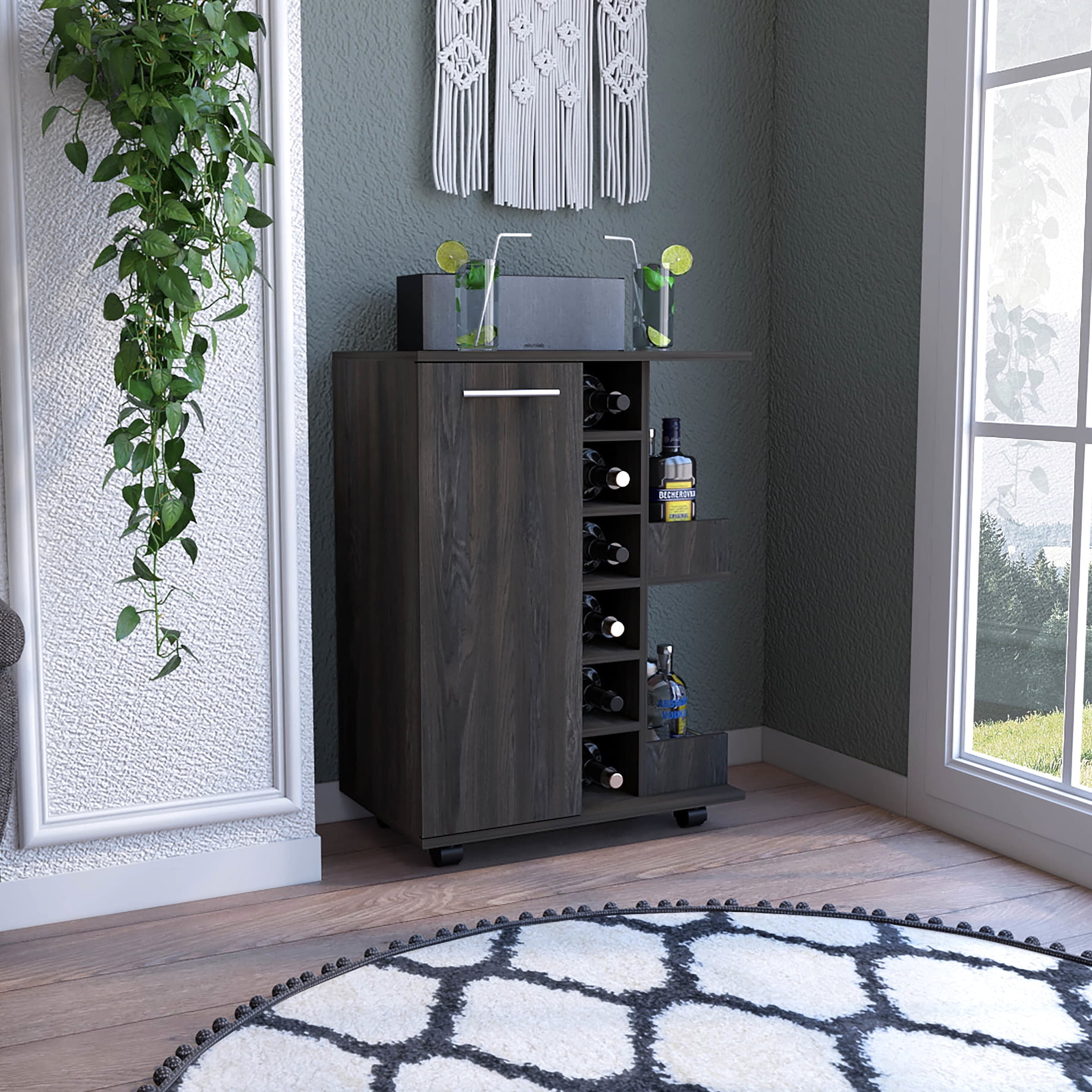 Two External Shelves Bar Cart With Four , Six Built-in Wine Rack And ...