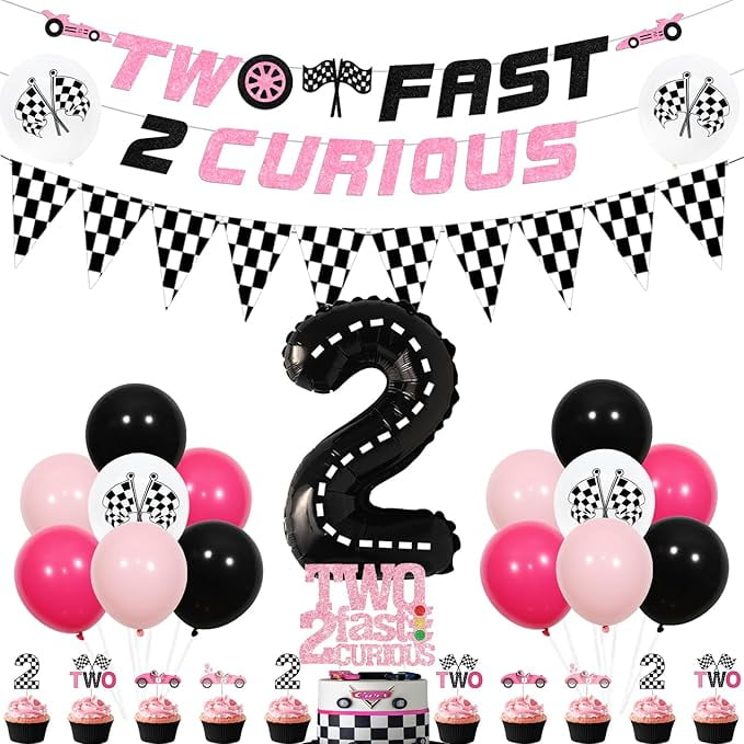 Two Fast 2 Curious Birthday Decorations Girl, Race Car 2nd Birthday ...