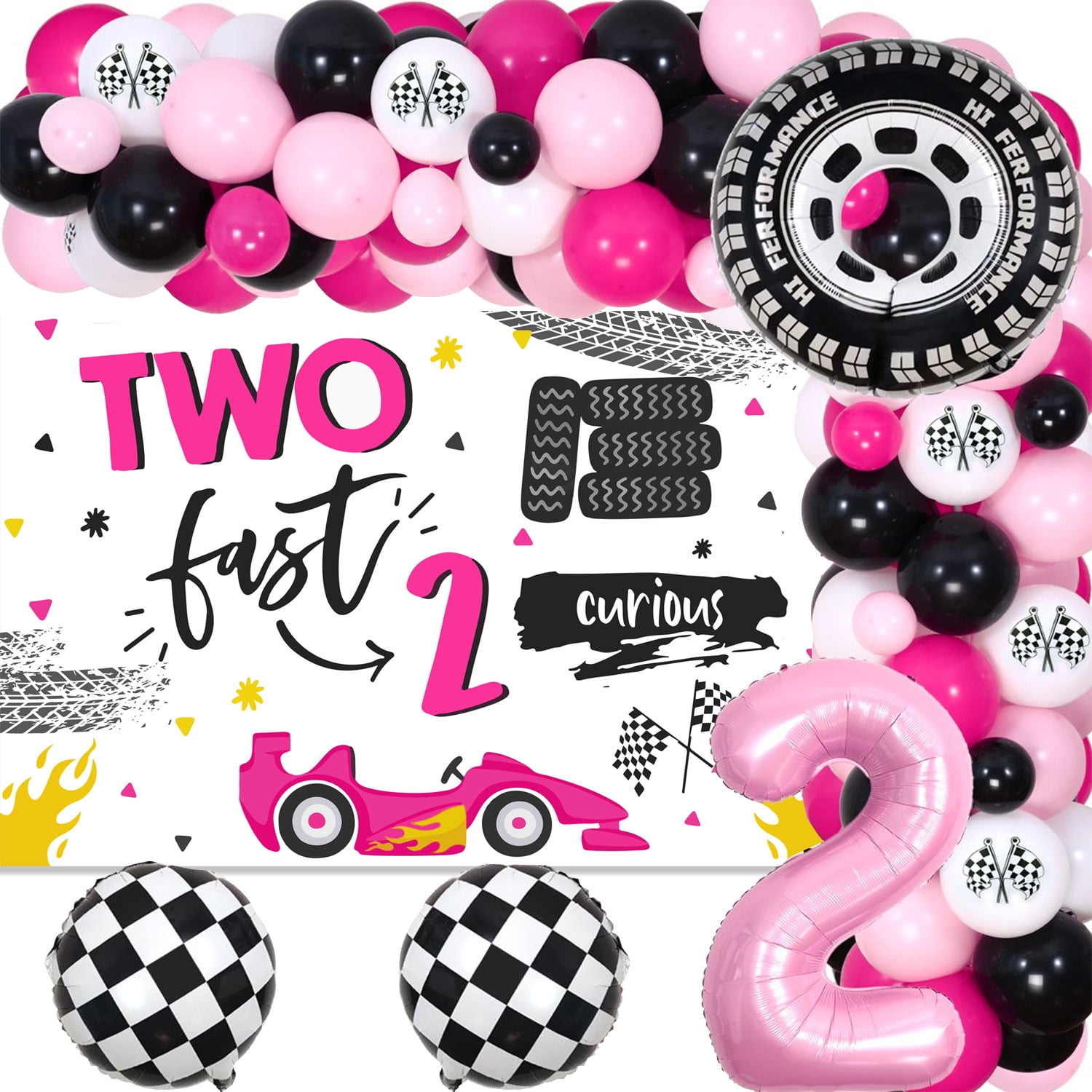 Two Fast 2 Curious Birthday Decorations for Girls, Pink Racing Car 2nd ...