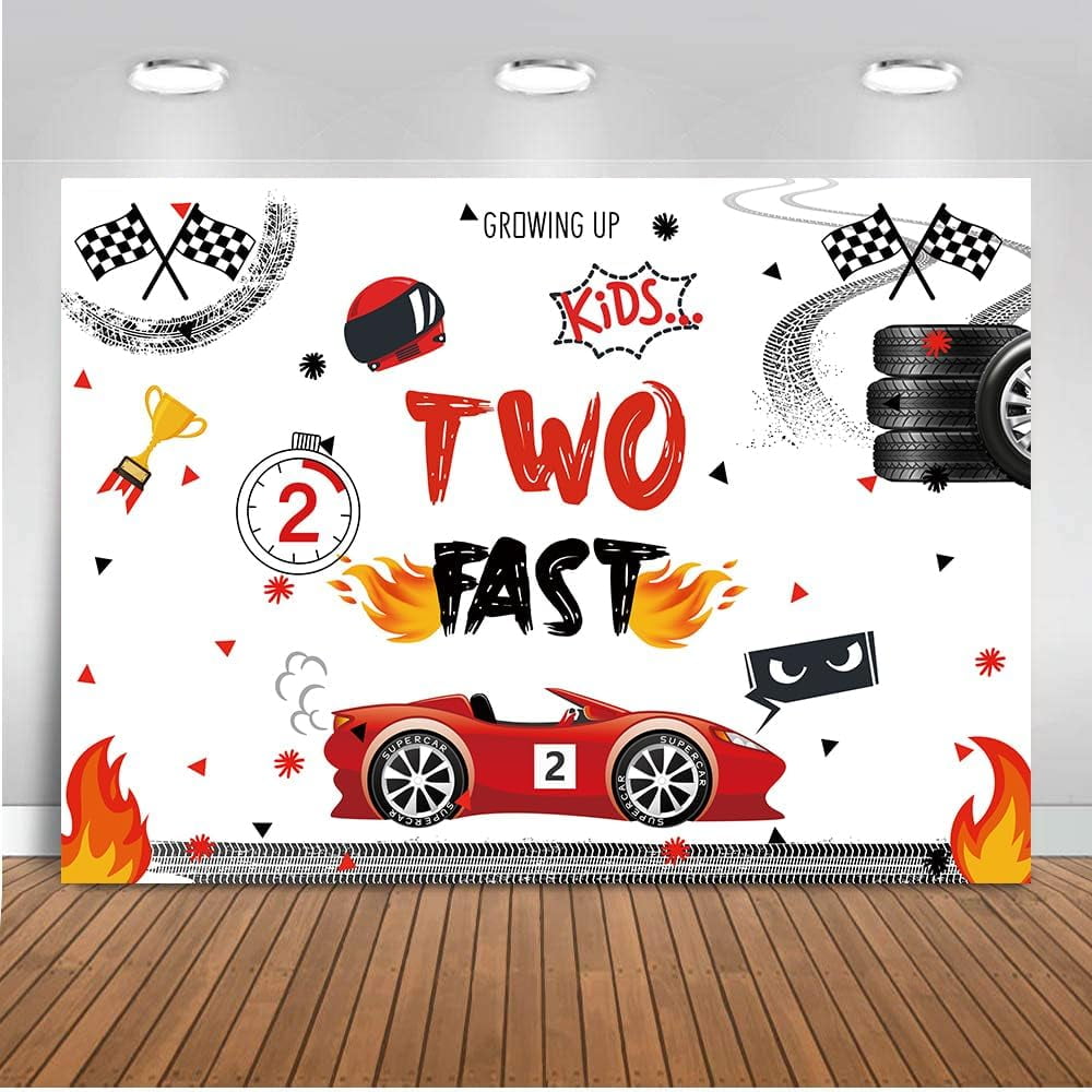 Two Fast Backdrop 2nd Birthday Decorations for Boys Red Car Happy 2nd ...
