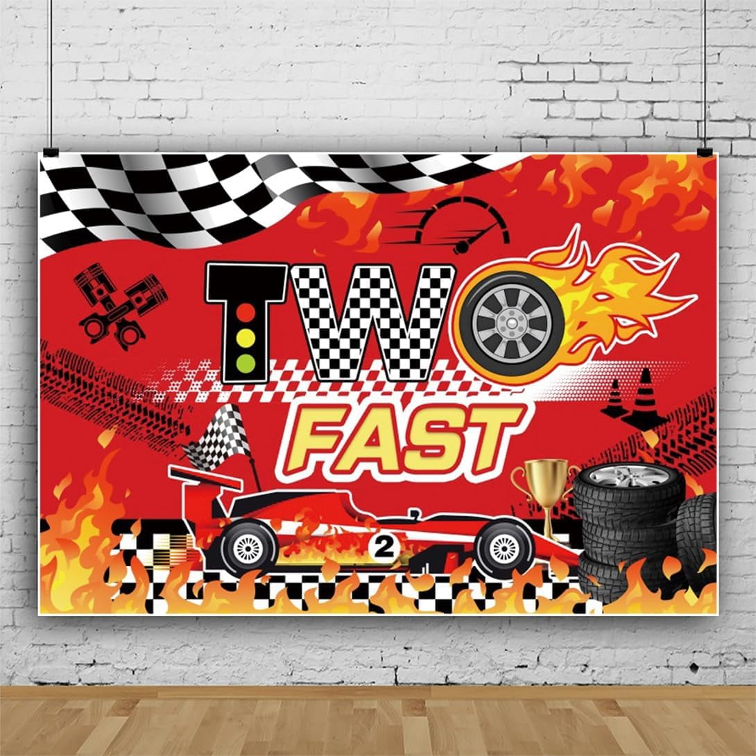 Two Fast Backdrop Race Car Theme Boy 2nd Birthday Party Decorations ...