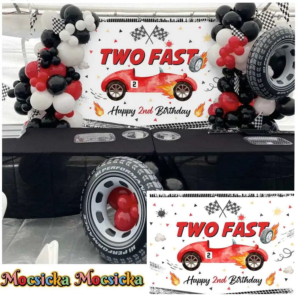 Two Fast Birthday Backdrop Boy Happy 2nd Birthday Party Decor Red Car ...