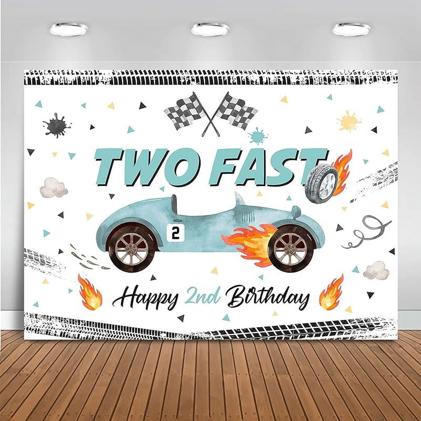 Two Fast Birthday Backdrop Race Car Theme Happy 2nd Birthday Photo ...