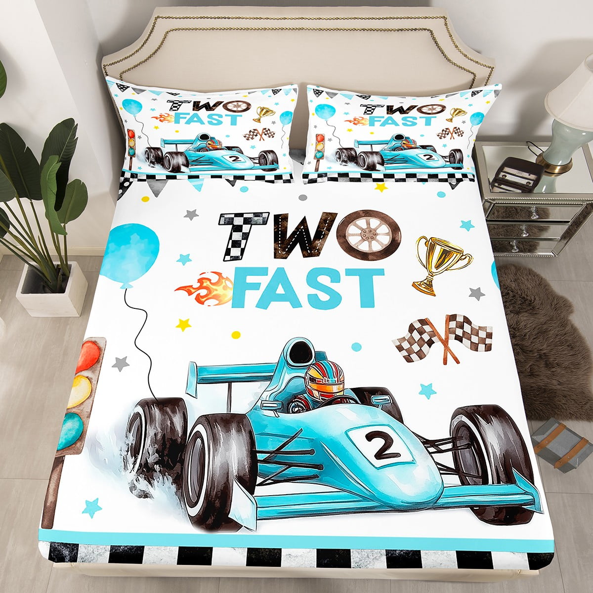 Two Fast Birthday Decorations Bedding Set For Boys Blue Race Car Fitted ...