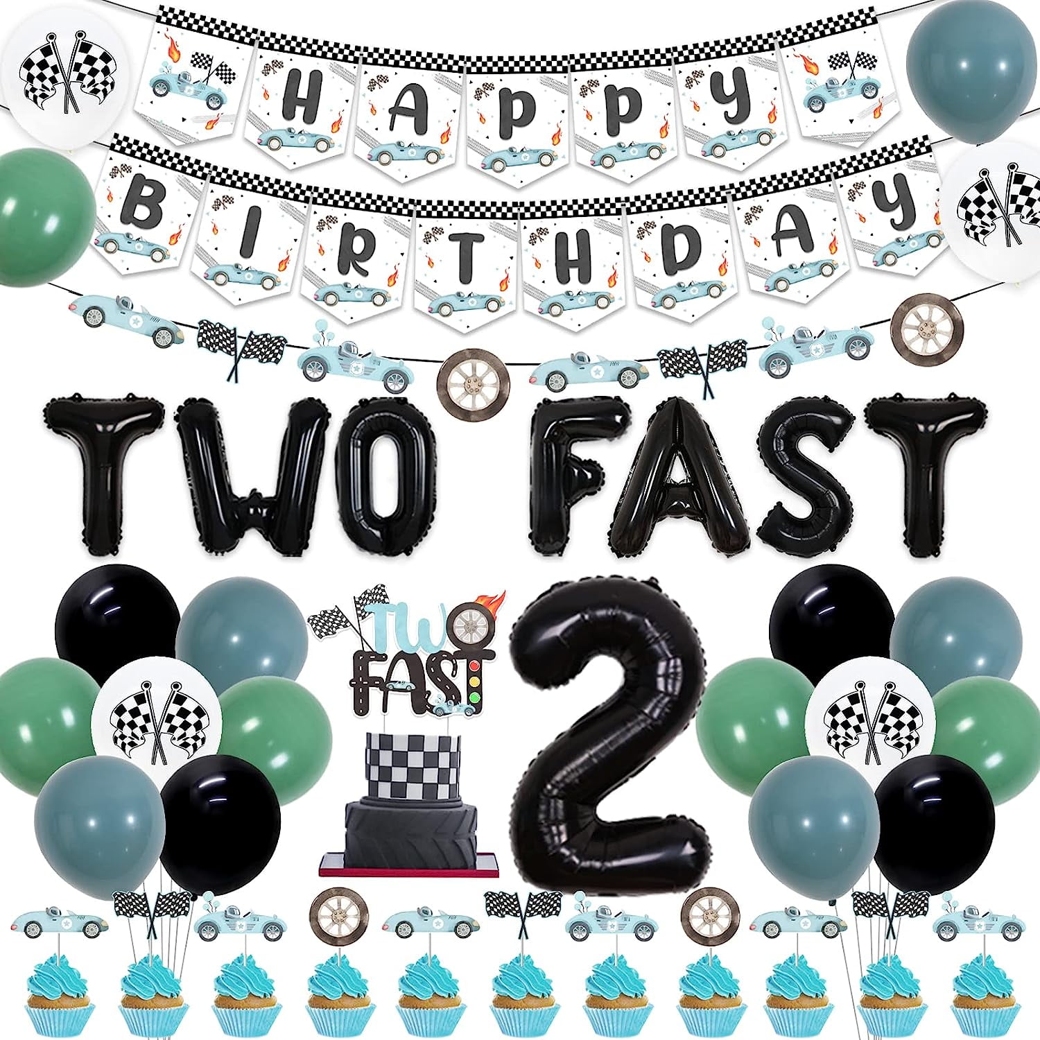 Two Fast Birthday Decorations Boy Vintage, Racing Car Happy Birthday ...
