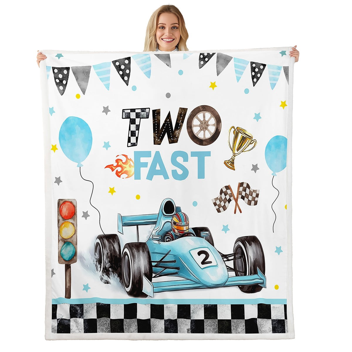 Two Fast Birthday Decorations Throw Blanket Blue Race Car Fleece ...
