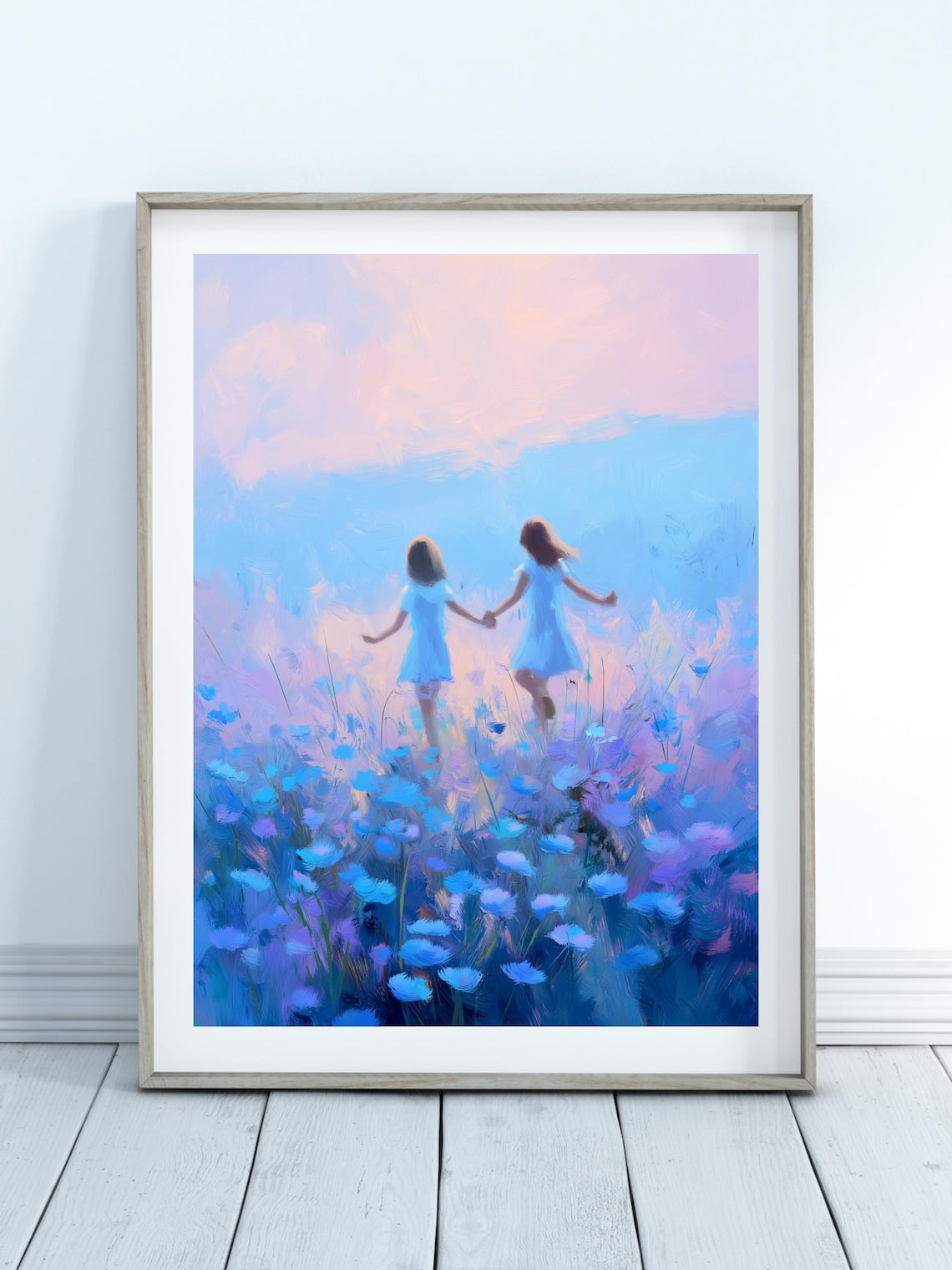 Two Girls In Cornflower Field Poster–Flower Field Art, Meadow Poster ...
