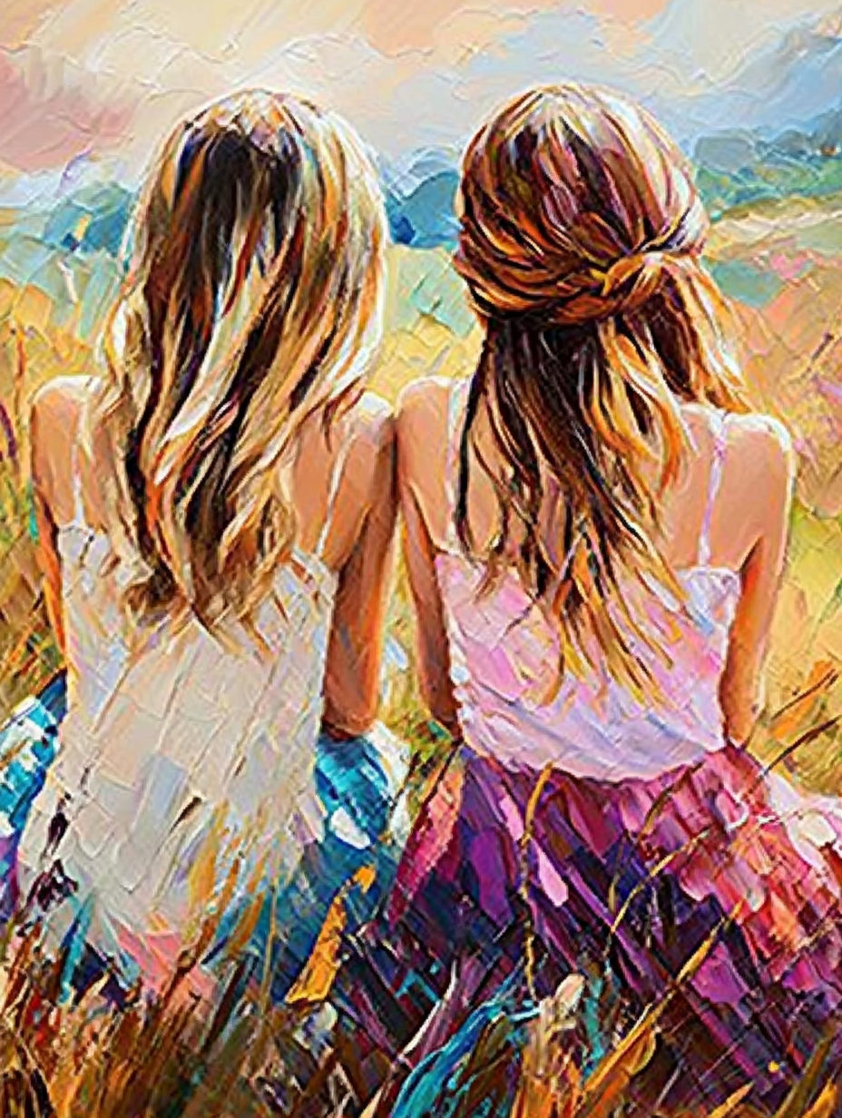 Two Girls Friendship Landscape Canvas Painting，Perfect for Living Room ...