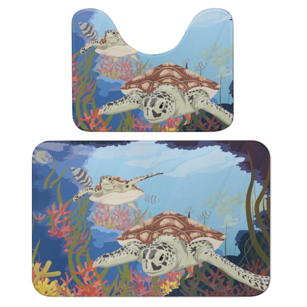 Two Green Sea Turtles Swim Bathroom Rugs Set 2 Pieces, Bathroom Set ...