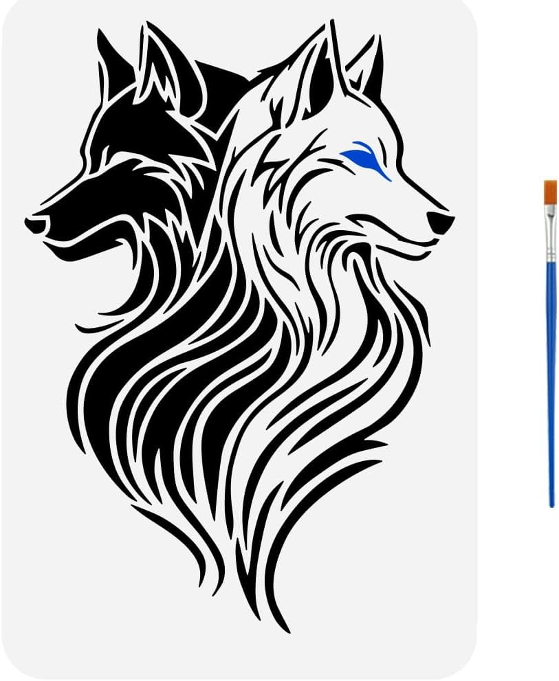 Two-Headed Wolf Stencil with Paint Brush 8.3x11.7inch Reusable Black ...