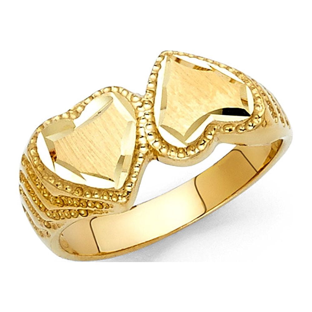 Two Hearts Together Love Ring Solid 14k Yellow Gold Diamond Cut ...