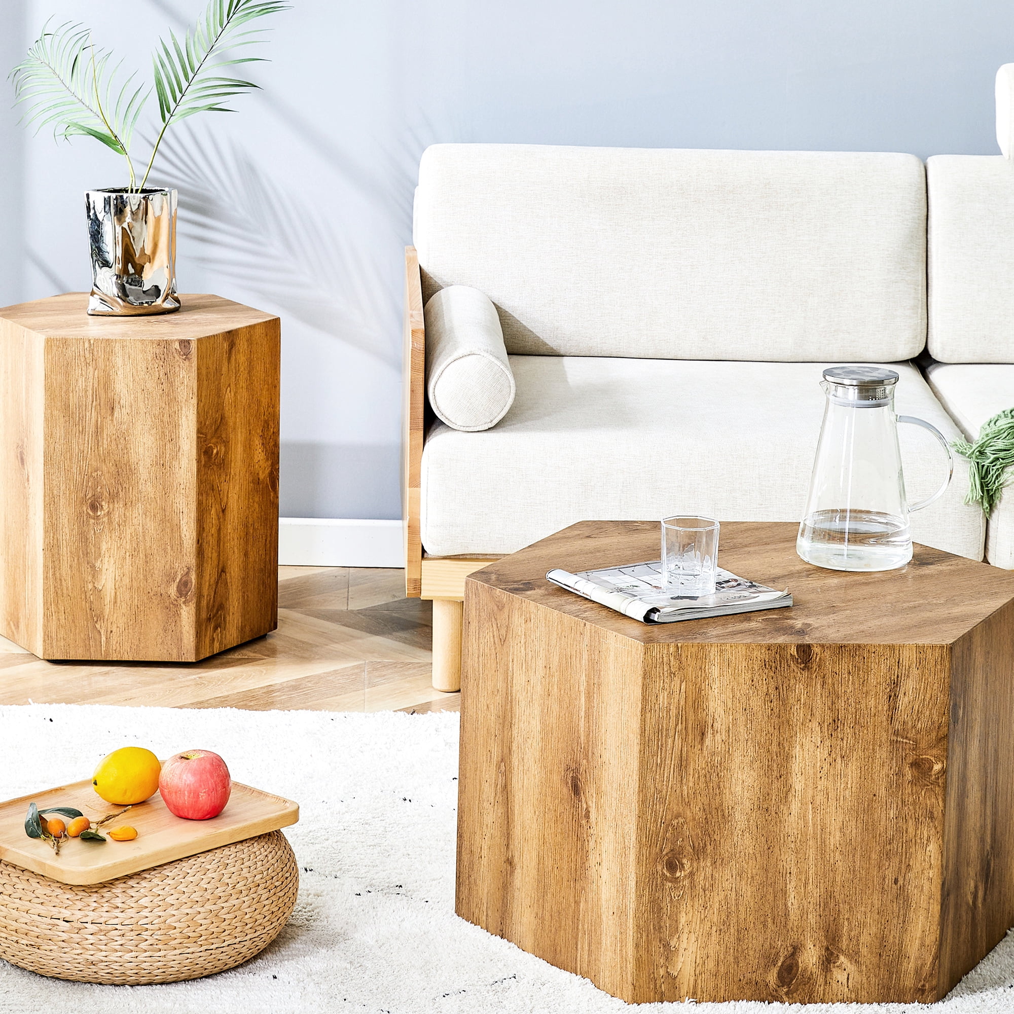 Two Hexagonal Coffee Tables In Modern Minimalist Look. With Wood Grain ...