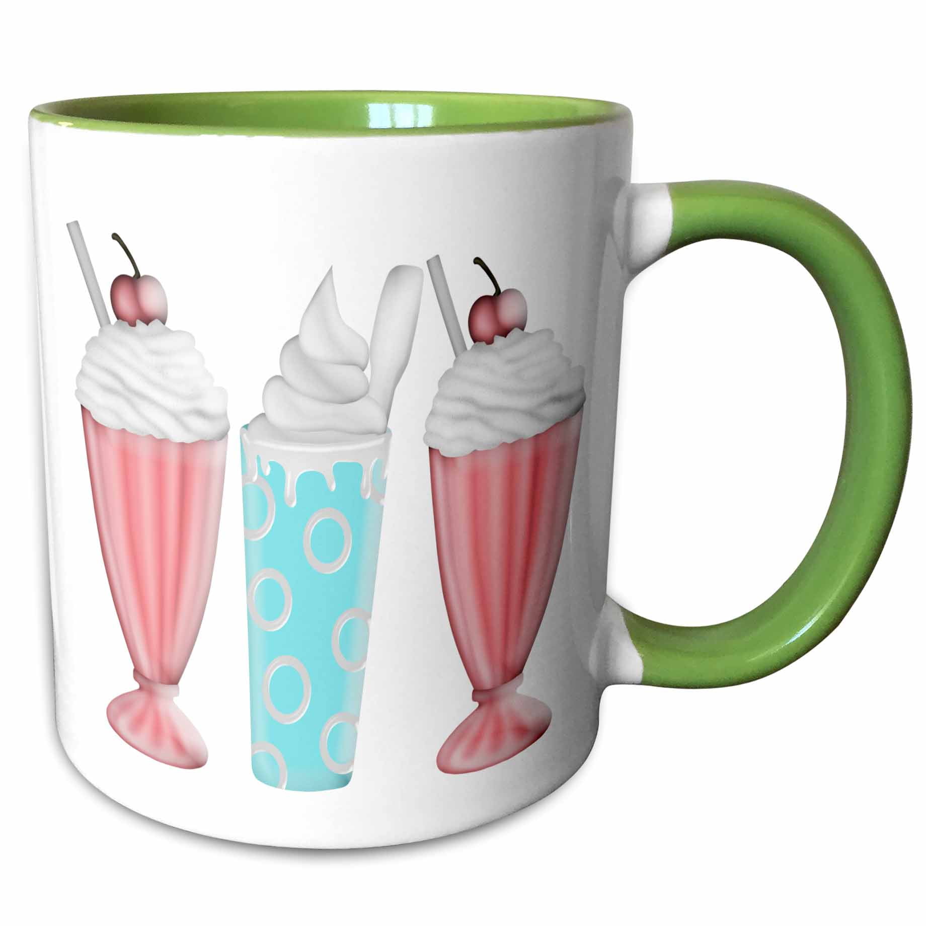 Two Ice Cream Sundaes and A Milkshake In Pink, Aqua, and White ...