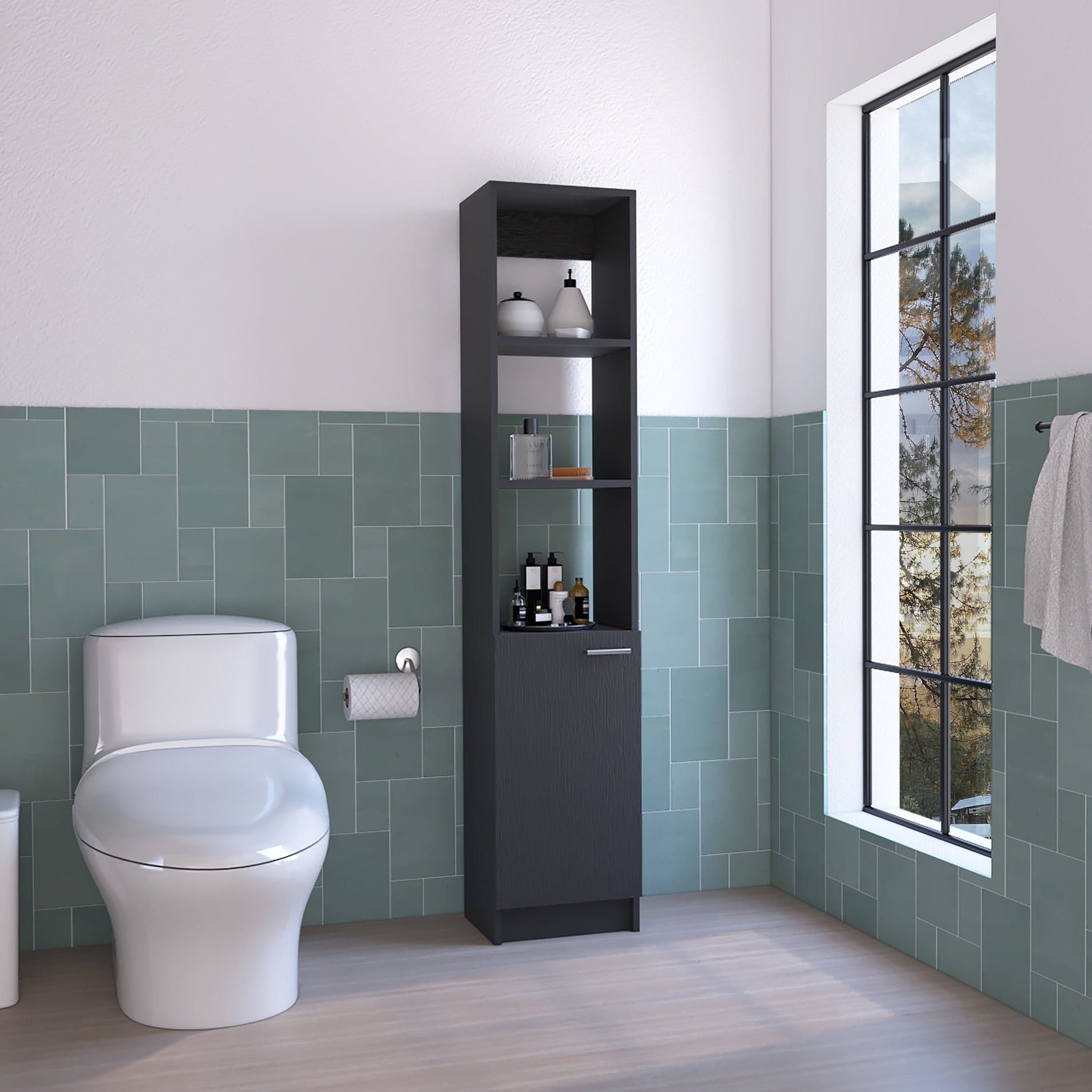 Two Inner Shelves & Three External Linen Cabinet Black Door Single In ...