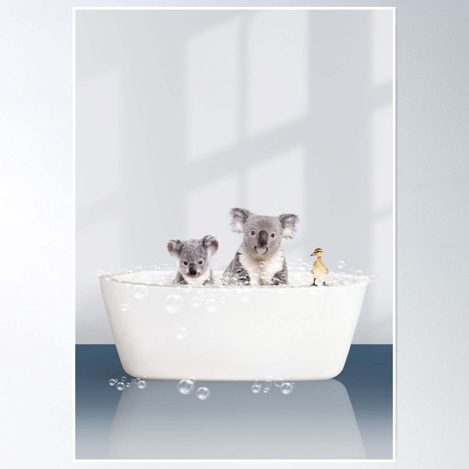 Two Koalas And Duckling In Modern Bathtub Blue Print, Baby Koala ...