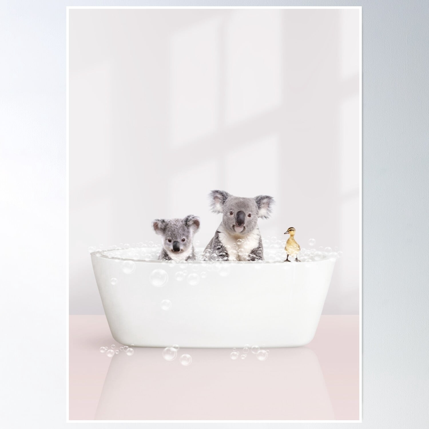 Two Koalas And Duckling In Modern Bathtub Pink Print, Baby Koala ...