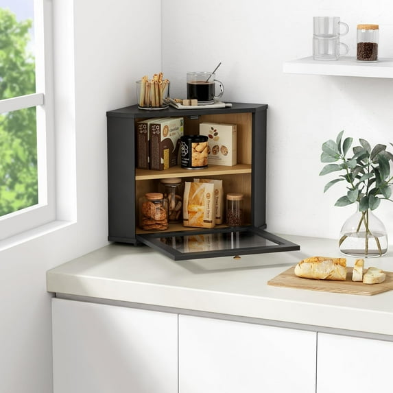 Two-Layer Corner Bread Box for Kitchen Countertop, Black Bread Storage ...