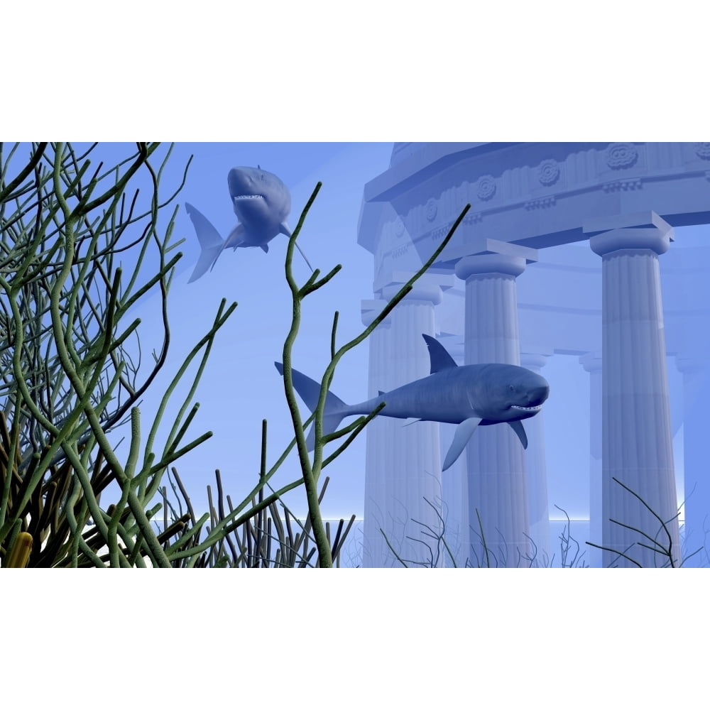 Two Mako sharks swim by an underwater greek temple Poster Print ...