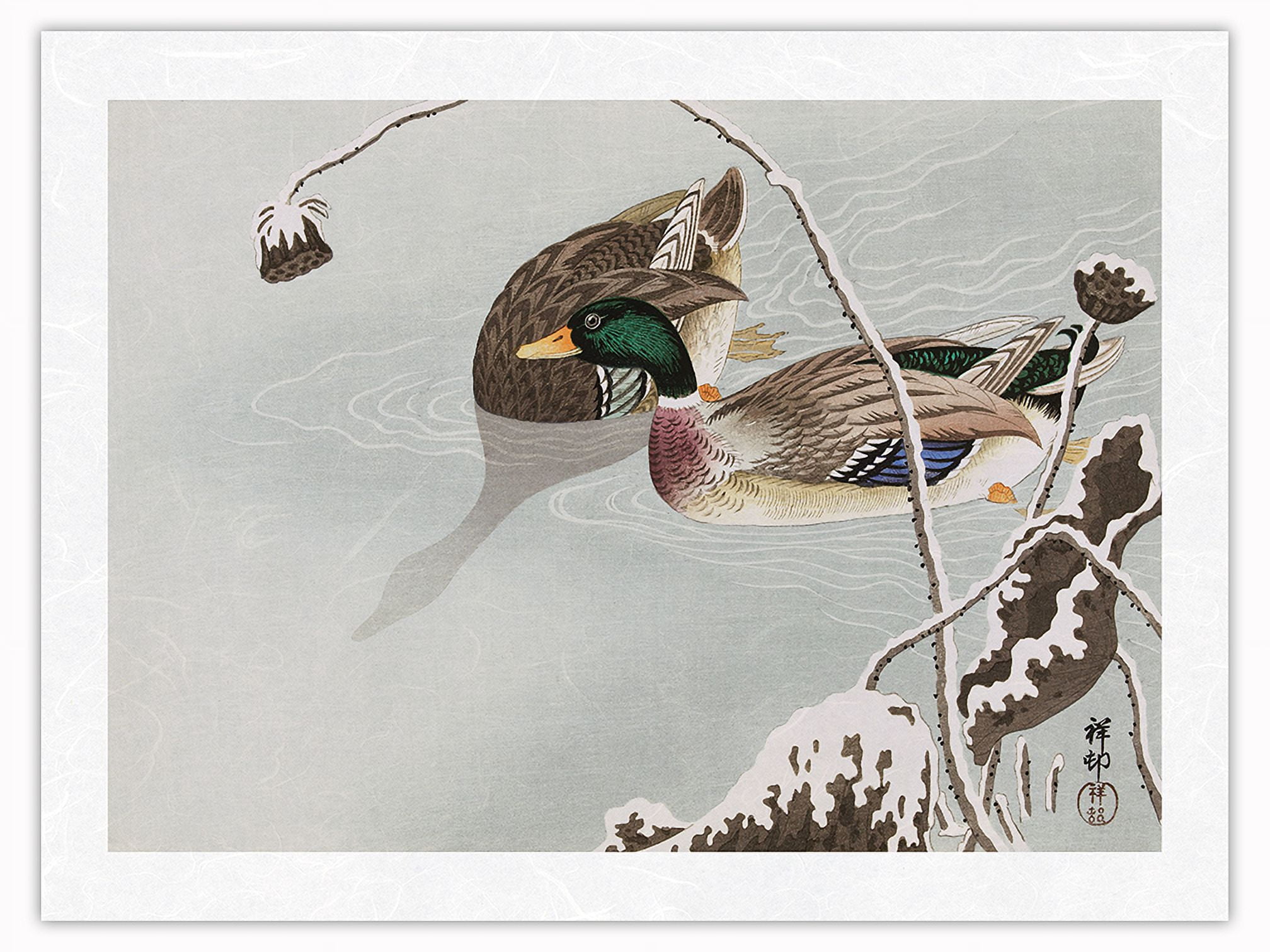 Two Mallards near a Snow-Covered Lotus - Vintage Japanese Woodblock ...