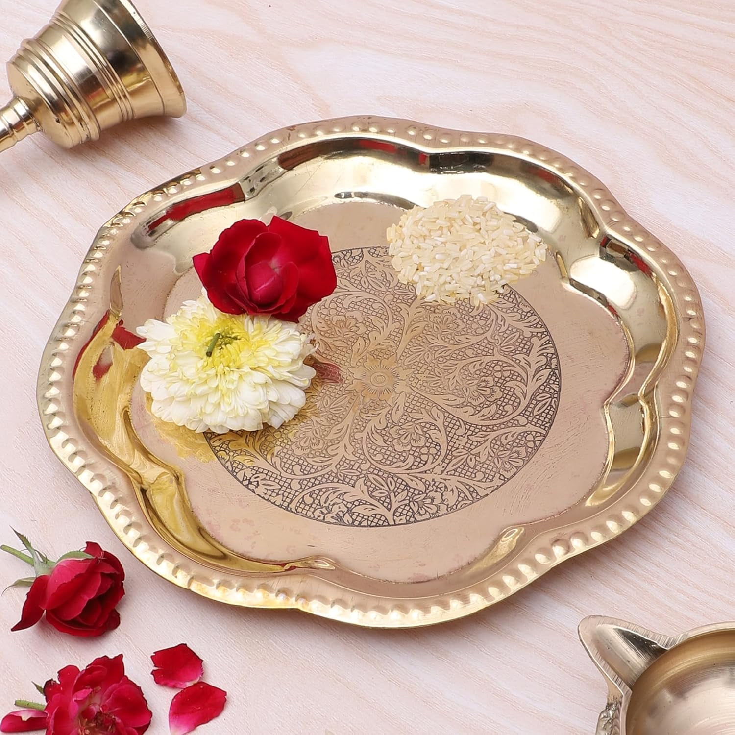 Two Moustaches 8 Inches Ethnic Carved Brass Puja Thali Traditional ...