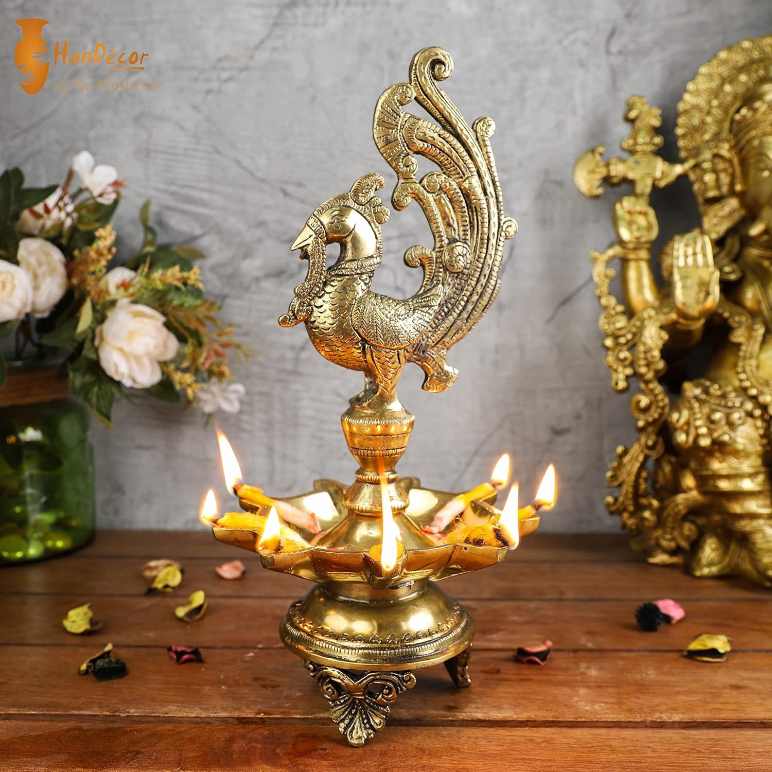 Two Moustaches Peacock Design 9 Oil Wick Brass Diya Diyas for Home ...