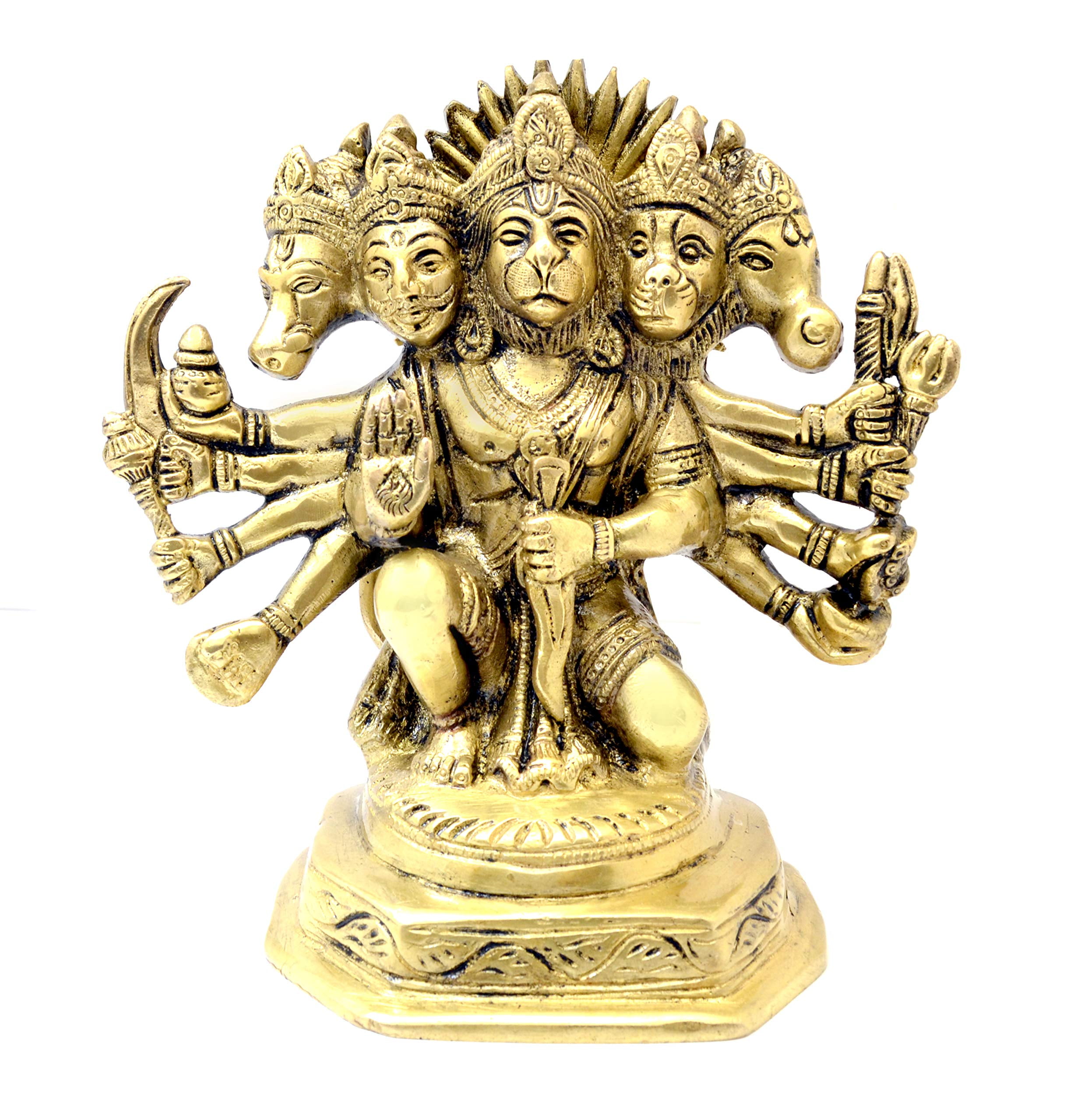 Two Moustaches Seated Panchmukhi Hanuman Brass Statue, Weight - 2.2 Kg ...