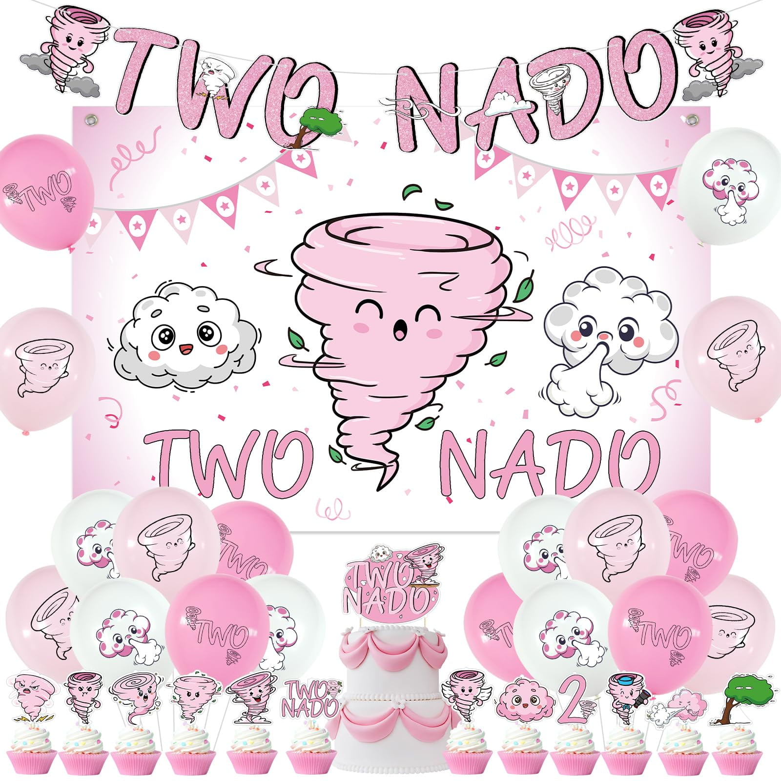 Two Nado Birthday Decorations-33Pcs DHF10 Pink Tornado Birthday Party ...