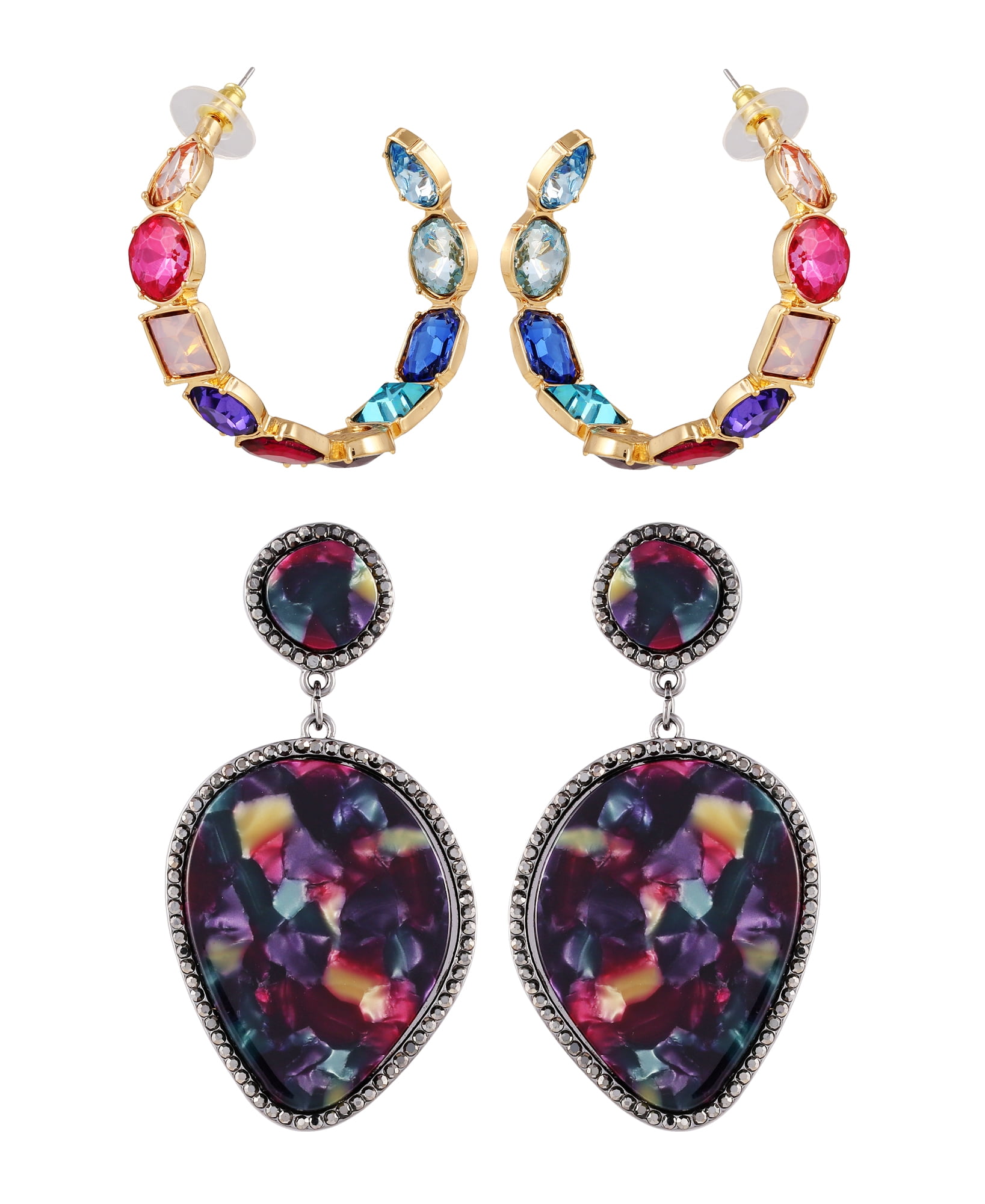 Two Pair, multi-colored Mosaic Resin Drop Earring, and rich mutli ...