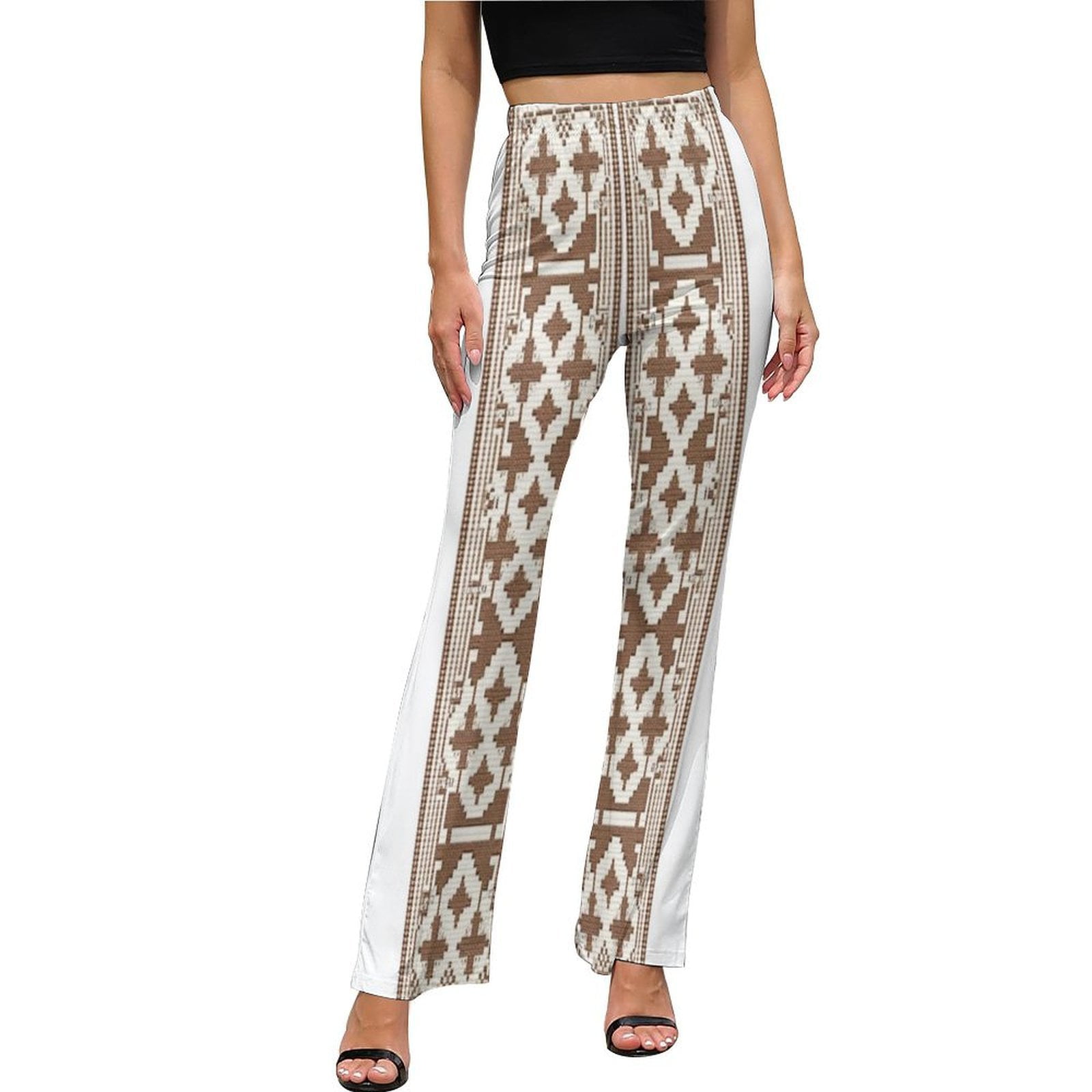 Two Patterned Decorative Borders High Waisted Casual Flared Trousers ...