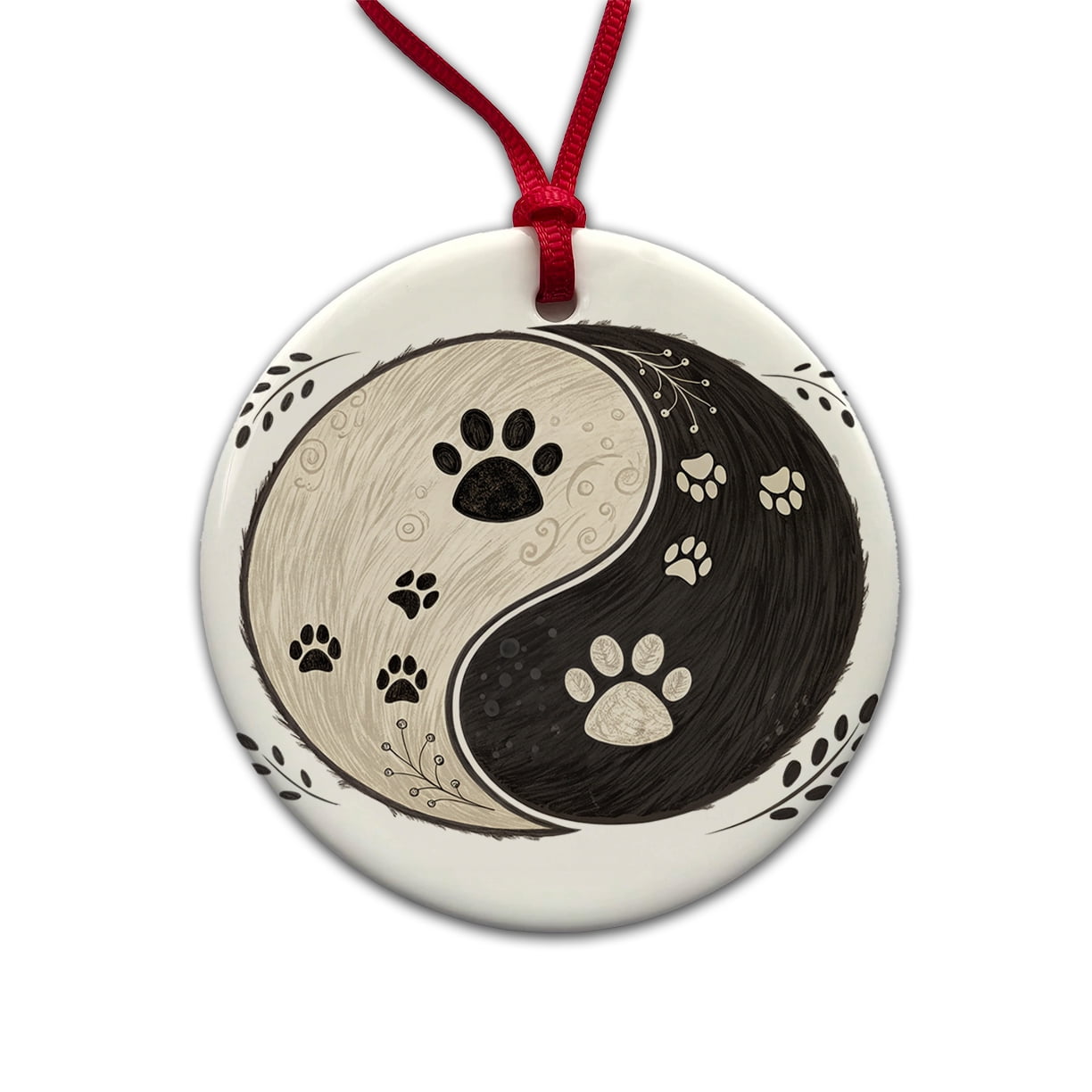 Two Paw Prints Yin Yang Dark Light Christmas Tree Holiday Round Ceramic ...