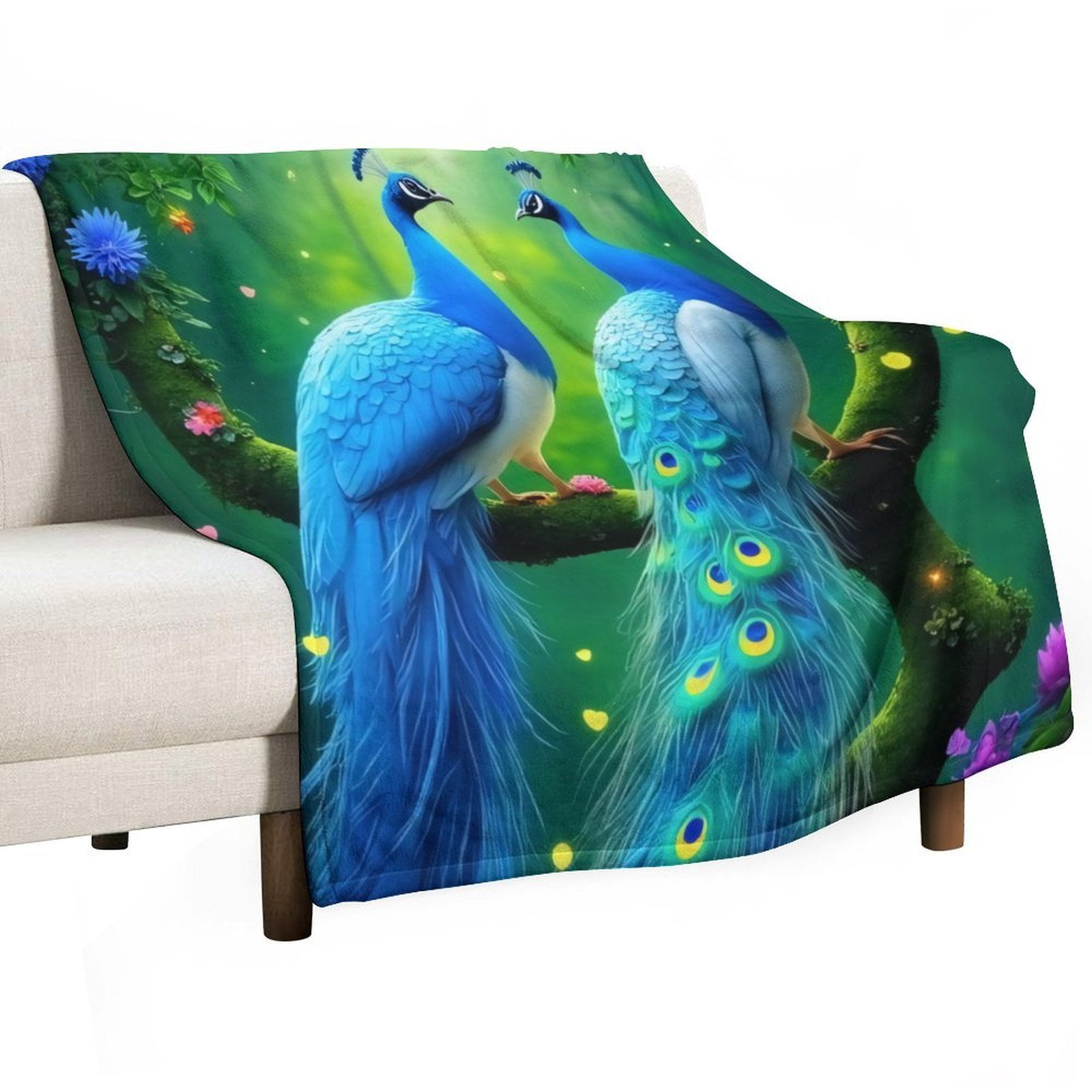 Two Peacocks in A Magical Forest Throw Blanket Warm Microfiber Flannel ...