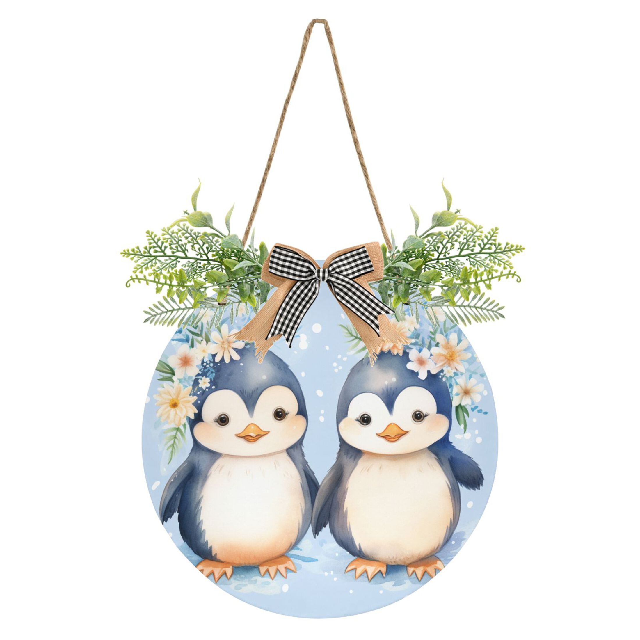 Two Penguins in Love Front Door Porch Decoration Hanging Sign with ...