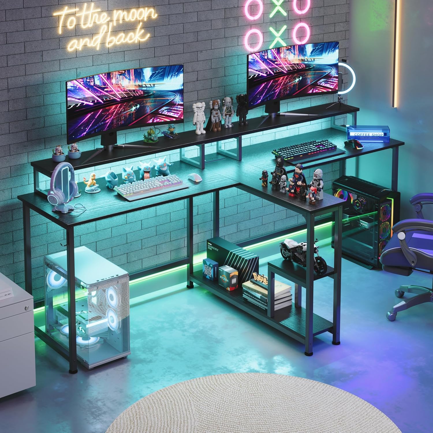 Two Person Desk with LED Light, 83.7 Inch Computer Office Double Desk ...