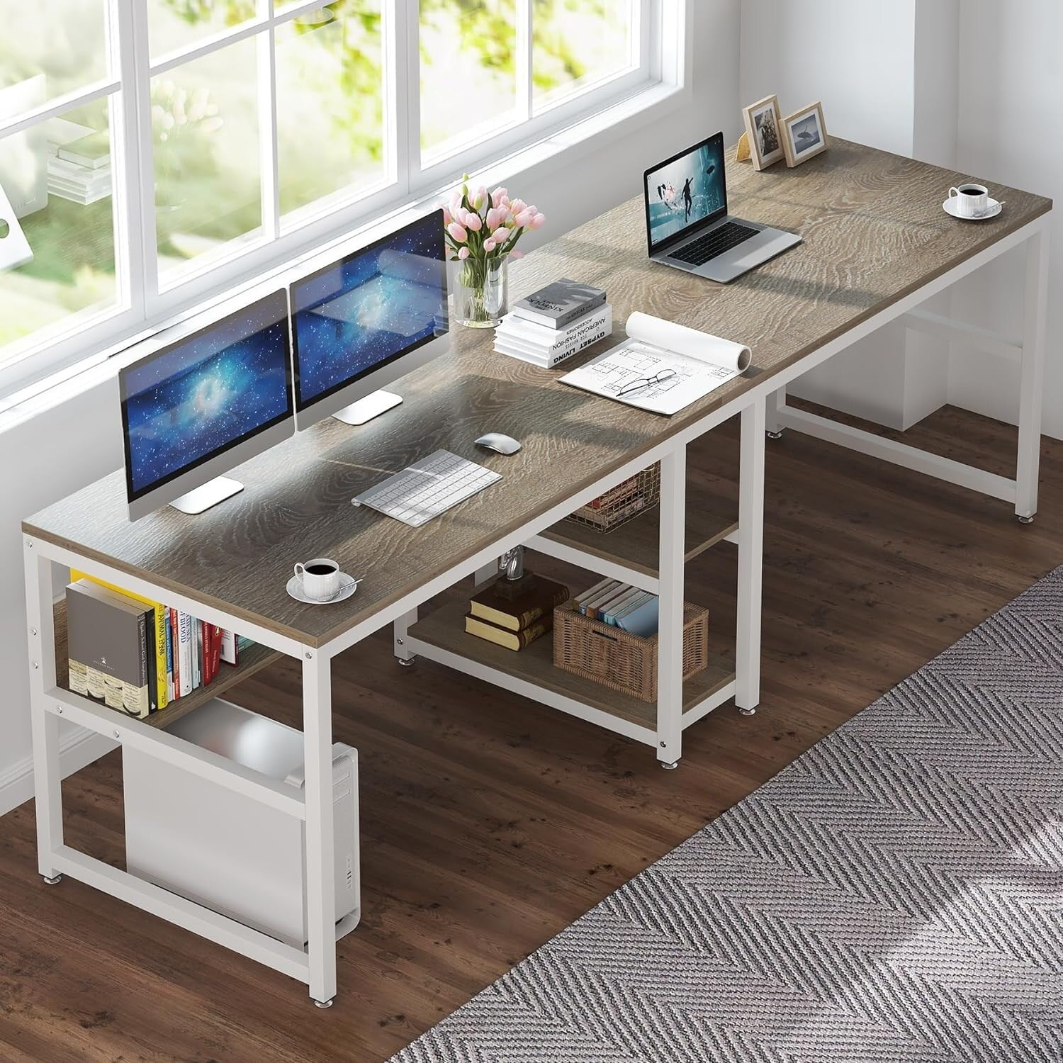 Two Person Desk with Bookshelf, 78.7 Computer Office Double Desk for ...