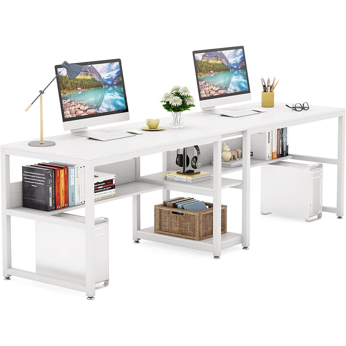 Two Person Desk with Bookshelf, 78.7 Computer Office Double Desk for ...