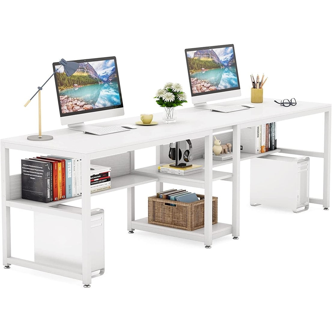 Two Person Desk with Bookshelf, 78.7 Computer Office Double Desk for ...