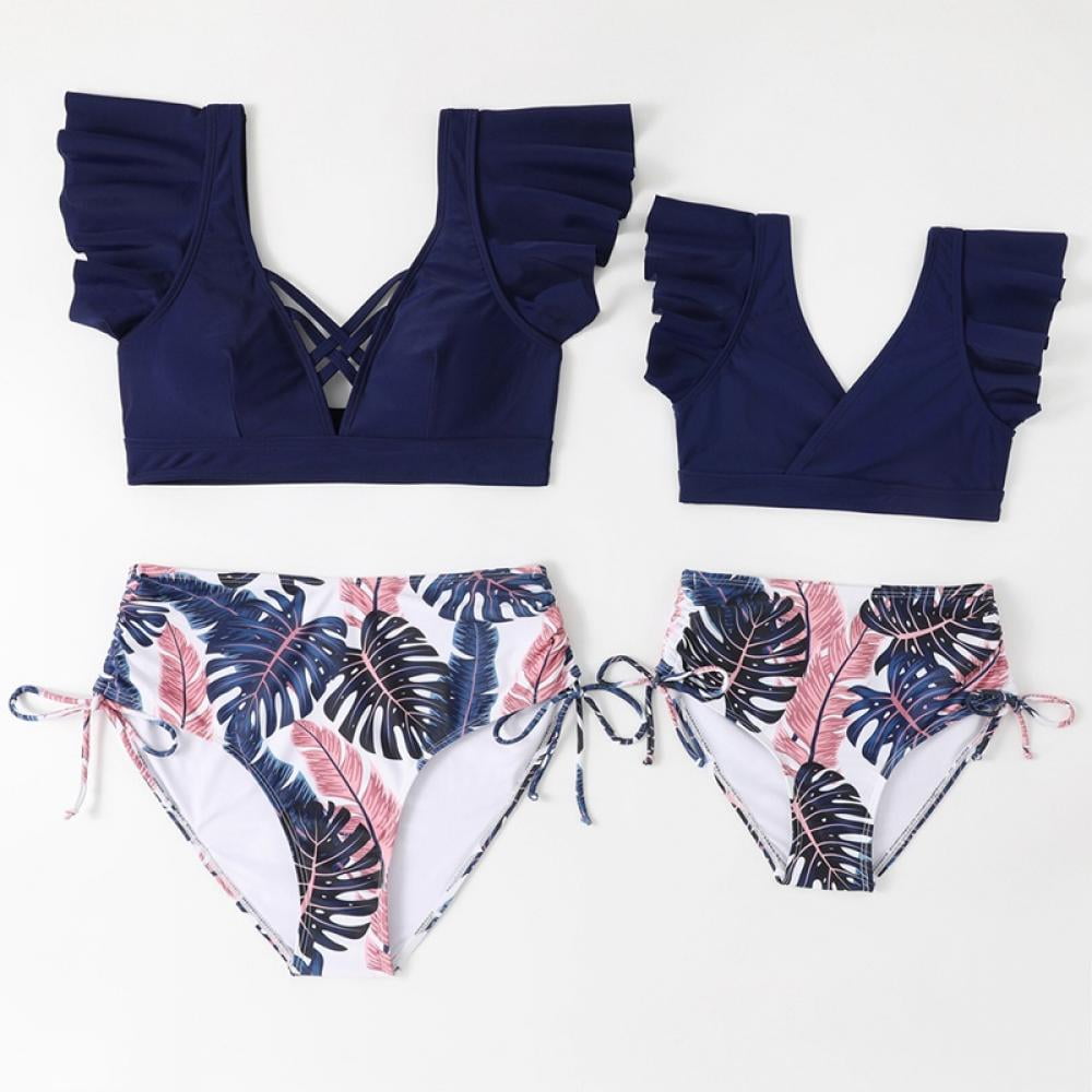 Two Piece Bikini Mommy and Me Matching Leaf Printed Swimwear V-Neck ...